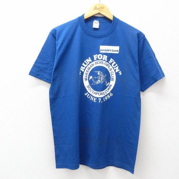 【商品番号】　tsv25063038【商品名】　M★古着 ジャージーズ 半袖 ビンテージ Tシャツ メンズ 80年代 80s RUN クルーネック USA製 青【メンズ参考サイズ】　M【表記サイズ】　L【実寸サイズ】　着丈（肩から裾）67c...