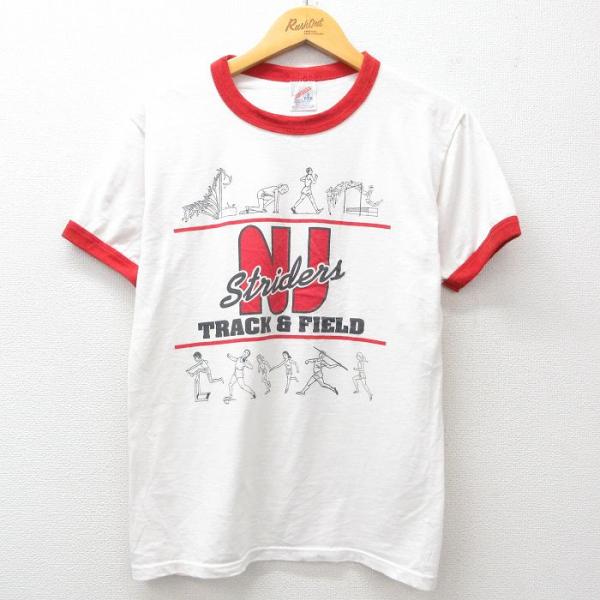 【商品番号】　tsv25063559【商品名】　S★古着 ジャージーズ 半袖 ビンテージ Tシャツ メンズ 90年代 90s Striders 陸上 クルーネック USA製 白 リンガー【メンズ参考サイズ】　S【表記サイズ】　S【実寸サイズ...