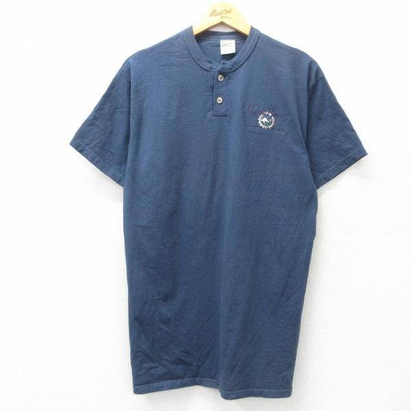 【商品番号】　tsv25064403【商品名】　L★古着 半袖 ビンテージ Tシャツ メンズ 90年代 90s Rockside Brewery コットン ヘンリーネック 紺【メンズ参考サイズ】　L【表記サイズ】　L【実寸サイズ】　着丈（肩...