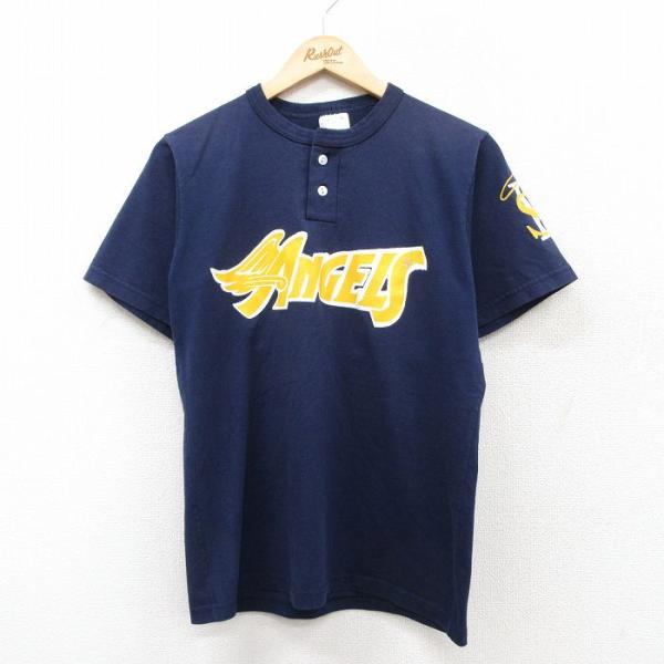 【商品番号】　tsv25071503【商品名】　M★古着 半袖 ビンテージ Tシャツ メンズ 90年代 90s ANGLES ヘンリーネック USA製 紺【メンズ参考サイズ】　M【表記サイズ】　S【実寸サイズ】　着丈（肩から裾）65cm　着...