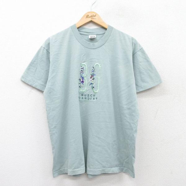 【商品番号】　tsv25071582【商品名】　L★古着 半袖 ビンテージ Tシャツ メンズ 90年代 90s BUSCH GARDENS 花 刺繍 コットン クルーネック USA製 青緑系【メンズ参考サイズ】　L【表記サイズ】　L【実寸サ...