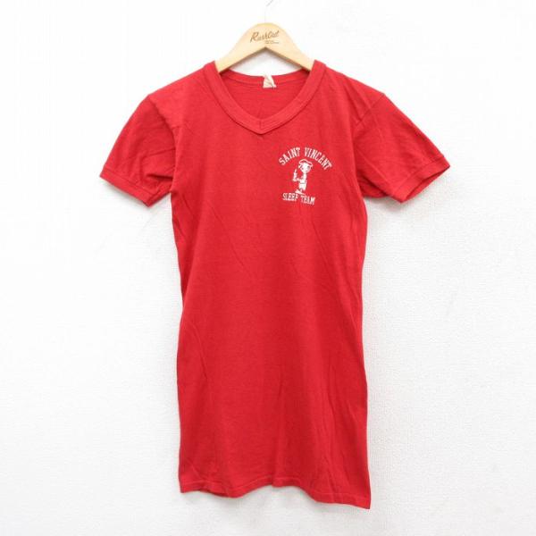 【商品番号】　tsv25071815【商品名】　S★古着 半袖 ビンテージ Tシャツ メンズ 80年代 80s SAINT VINCENT コットン Vネック 赤【メンズ参考サイズ】　S【表記サイズ】　S【実寸サイズ】　着丈（肩から裾）74...