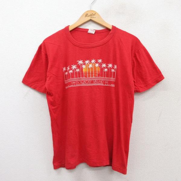 【商品番号】　tsv25071816【商品名】　L★古着 半袖 ビンテージ Tシャツ メンズ 90年代 90s BORACAY ISLAND ヤシの木 クルーネック 赤【メンズ参考サイズ】　L【表記サイズ】　なし【実寸サイズ】　着丈（肩から...