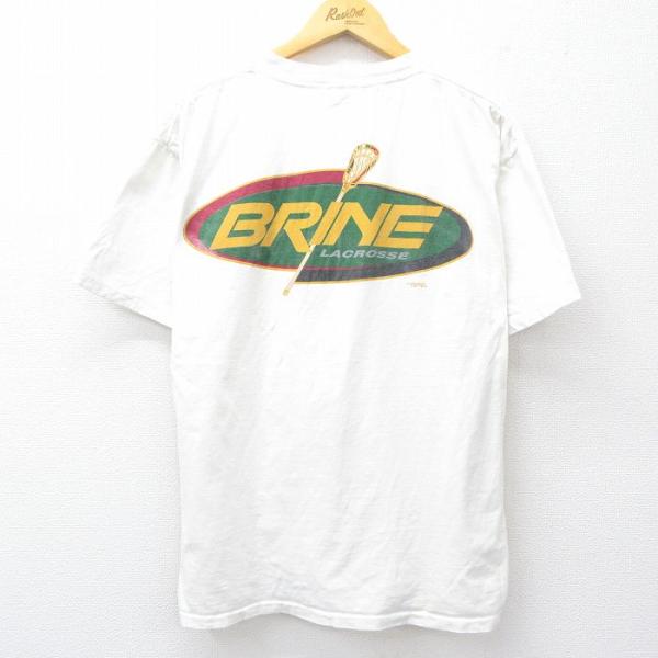 【商品番号】　tsv25074049【商品名】　XL★古着 半袖 ビンテージ Tシャツ メンズ 90年代 90s BRINE ラクロス 大きいサイズ コットン クルーネック USA製 白【メンズ参考サイズ】　XL【表記サイズ】　L【実寸サイ...