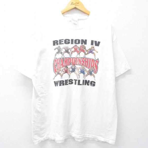 【商品番号】　tsv25074089【商品名】　XL★古着 ヘインズ 半袖 ビンテージ Tシャツ メンズ 00年代 00s レスリング 大きいサイズ コットン クルーネック 白【メンズ参考サイズ】　XL【表記サイズ】　XL 46-48【実寸...