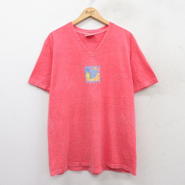 【商品番号】　tsv25074283【商品名】　XL★古着 半袖 ビンテージ Tシャツ メンズ 90年代 90s naples 魚 コットン Vネック USA製 ピンク 霜降り【メンズ参考サイズ】　XL【表記サイズ】　XL【実寸サイズ】　着...