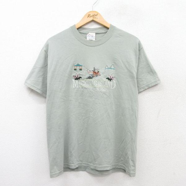 【商品番号】　tsv25074285【商品名】　M★古着 ヘインズ 半袖 ビンテージ Tシャツ メンズ 00年代 00s MACKINAC ISLAND 刺繍 クルーネック 緑系【メンズ参考サイズ】　M【表記サイズ】　M【実寸サイズ】　着丈...