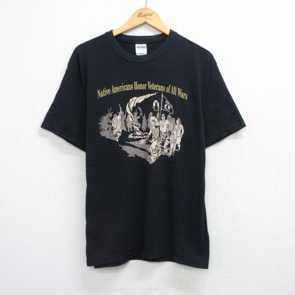 【商品番号】　tsv25074376【商品名】　L★古着 半袖 ビンテージ Tシャツ メンズ 00年代 00s 民族 Honor Veterans クルーネック 黒【メンズ参考サイズ】　L【表記サイズ】　L【実寸サイズ】　着丈（肩から裾）7...