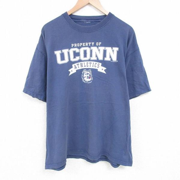 【商品番号】　tsv55051263【商品名】　XL★古着 半袖 ビンテージ Tシャツ メンズ 00年代 00s UCONN 大きいサイズ クルーネック 紺【メンズ参考サイズ】　XL【表記サイズ】　なし【実寸サイズ】　着丈（肩から裾）73c...