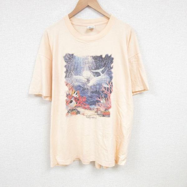 【商品番号】　tsv55051483【商品名】　XL★古着 半袖 ビンテージ Tシャツ 90年代 90s イルカ 大きいサイズ コットン クルーネック 薄オレンジ【メンズ参考サイズ】　XL【表記サイズ】　2X【実寸サイズ】　着丈（肩から裾）...