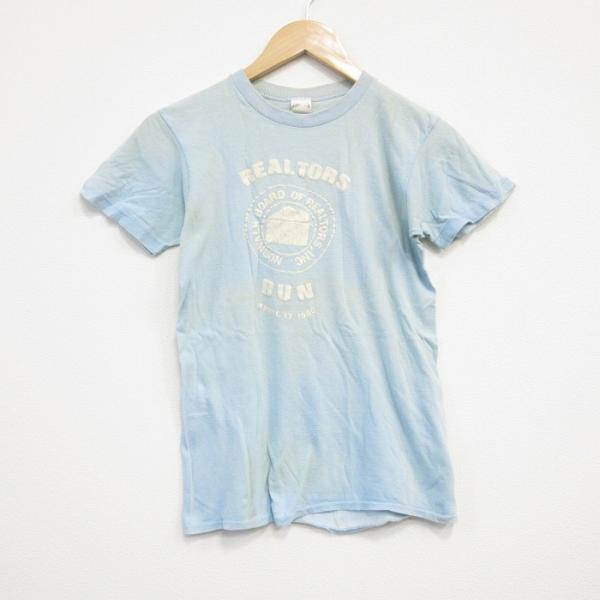 【商品番号】　tsv55071036【商品名】　S★古着 半袖 ビンテージ Tシャツ メンズ 80年代 80s RUN コットン クルーネック USA製 薄水色【メンズ参考サイズ】　S【表記サイズ】　S【実寸サイズ】　着丈（肩から裾）55c...