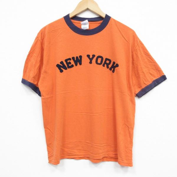 【商品番号】　tsv55080418【商品名】　L★古着 半袖 ビンテージ Tシャツ メンズ 00年代 00s ニューヨーク コットン クルーネック オレンジ【メンズ参考サイズ】　L【表記サイズ】　M【実寸サイズ】　着丈（肩から裾）62cm...