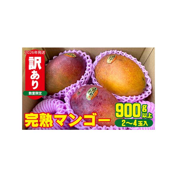 ■ 容量　【訳あり品】共選完熟マンゴー900g以上（2〜4玉）　※サイズはM〜2Lで発送します　※玉数の指定は出来ません。　　（訳あり・白箱）　・表皮に色ムラがあります　・表皮に多少傷があります。　・玉のサイズがバラバラです。　※訳アリ品の...