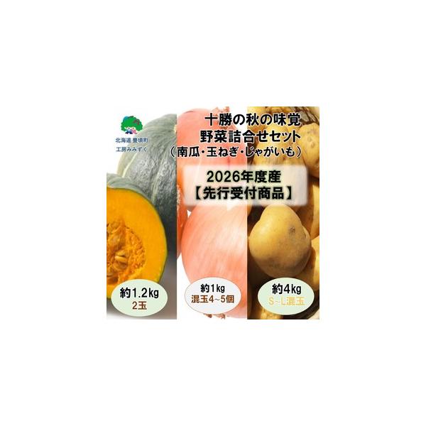 ■ 容量　十勝豊頃町産南瓜（1.2kg以上×2個）　十勝豊頃町産玉ねぎ（約1kg）＝混玉3-4玉　十勝豊頃町産じゃがいも（約4kg、レッドムーン・ホッカイコガネ・キタアカリのうち1種）　タイプ：【常温】