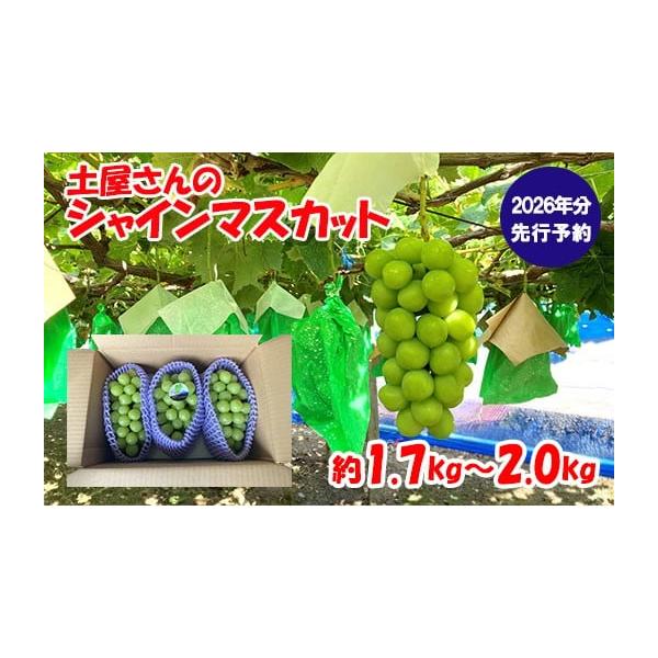 容量シャインマスカット約1.7kgー2.0kg（３〜４房）※房数の指定はできません。＊内容については、参考としてください。消費期限到着次第、お早めにお召し上がりください。発送期日お届けは令和8年8月下旬から順次発送予定＊天候や収穫状況により...