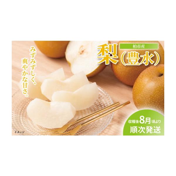 容量柏市産　梨（豊水）　5kgおおよそ：8玉〜12玉くらい※サイズ指定は出来ません。消費期限到着後は冷暗所・風通しのよい場所・冷蔵庫で保管してください。生鮮品ですのでなるべくお早めにお召し上がりください。発送期日ご寄附納入の確認後、収穫後2...