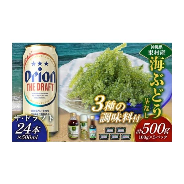 容量・海ぶどう（茎なし）500g（100ｇ×5パック）・シークヮーサーぽん酢　150ml×1本・パインアップルドレッシング　200ml×1本・おいしいポン酢　300ml×1本・オリオン ザ・ドラフト　500ml×24本（アルコール分／5％　...