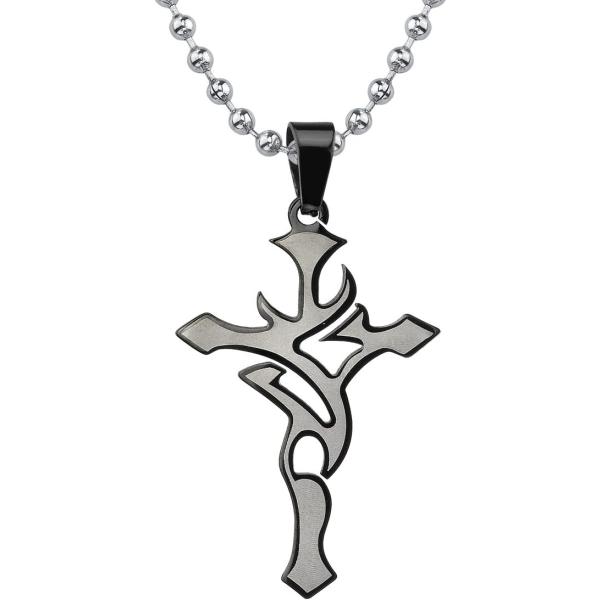 商品名PEORA ステンレススチール トライバルクロスペンダント メンズ ブラックエナメル ユニークなツートンカラー ステンレススチールボールチェーン付き, ステンレス鋼, 宝石なしPEORA Stainless Steel Tribal ...