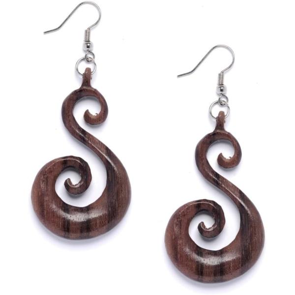 商品名81stgenerationによる茶色の木製の部族マオリスパイラルペアシルバーイヤリング81stgeneration Spiral Wooden Handmade Earrings with 925 Sterling Silver H...