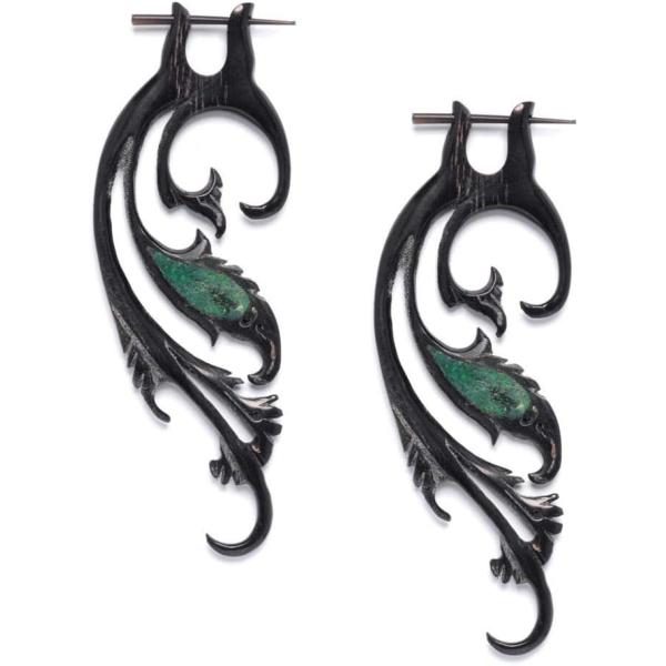 商品名81stgeneration 16グラムターコイズスティック入り天然ブラックホーンピアス（両耳用）81stgeneration Large Black Horn Floral Pattern Earrings with Simulat...