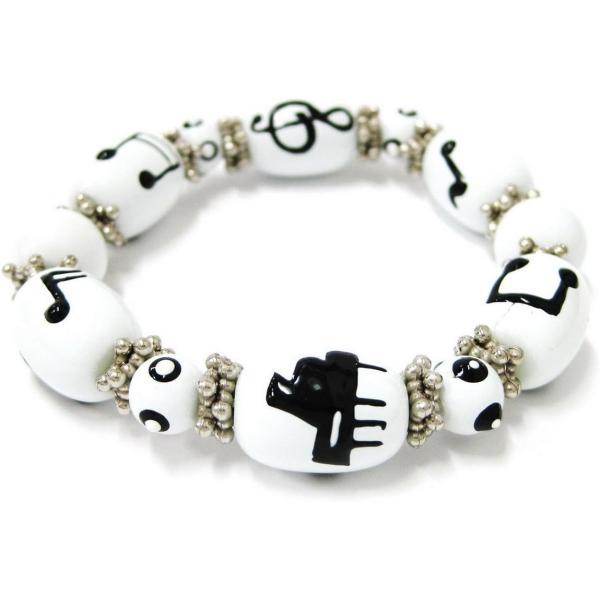 商品名Linpeng レディース ストレッチブレスレット 手描き ピアノ&amp;音符 ガラスビーズ サイズ8~12mm 長さ7.5インチ ホワイトPiano Music Notes Bracelet - Teacher Appreciat...