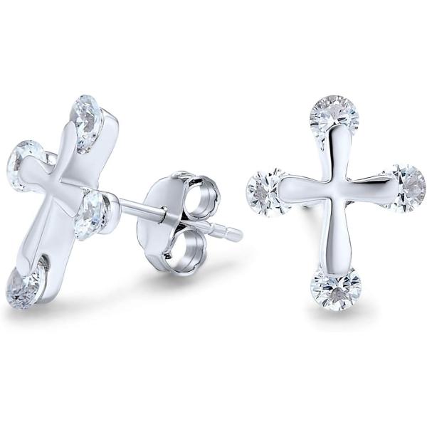 商品名ダニティアクセントCZのヒント小さなプチ宗教クロススタッドピアス女性の男性のTeens.925スターリングシルバーのためにDanity Accent CZ Tips Small Petite Religious Cross Stud ...