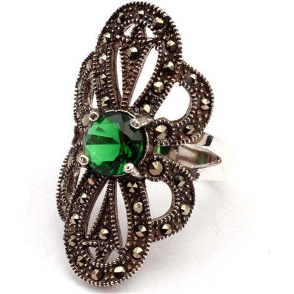 商品名GEM-Inside Rings Semi Sapphire Green Glass Antiqued Tibeten Silver Ring Earrings Pandant Set Fashion Jewelry for Wome...