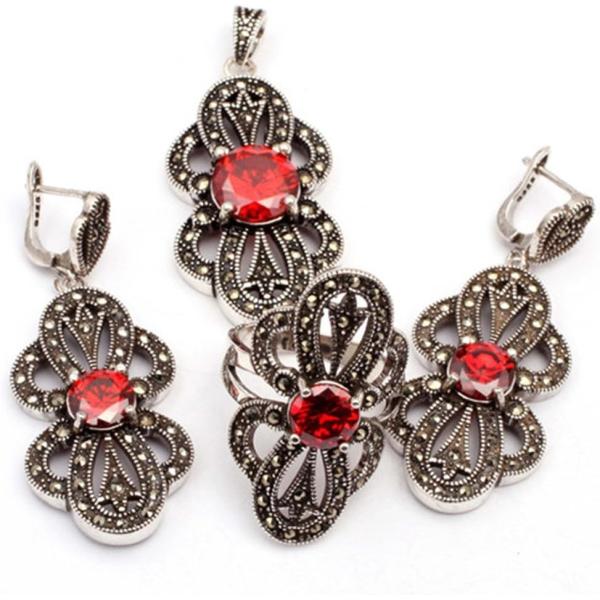 商品名gem-insideセミRubyフラワーガラスアンティーク調TibetenシルバーリングイヤリングペンダントGEM-Inside Semi Sapphire Red Glass Antiqued Tibeten Silver Ring...