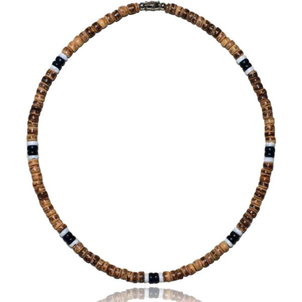 商品名Native Treasure ネックレス ブラウン タイガー ココビーズ ブラック2つホワイト2つ プカ シェル サーファーNative Treasure 18"" Mens and Womens Real Black and Mi...