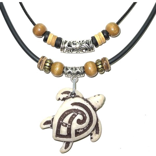 商品名Turtle tribalホワイトペンダントネックレス   ハワイアンタートルネックレス   Wood Beaded With AdjustableブラックコードNove Jewelry Leather White Turtle Tr...