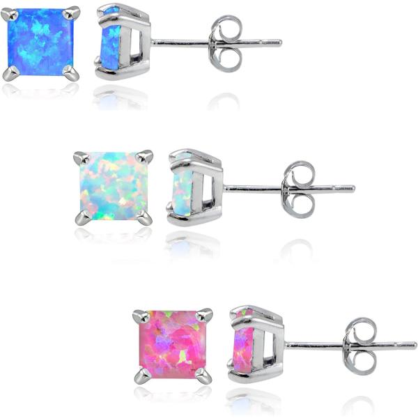 商品名スターリングシルバー 人工ホワイトピンクとブルーオパール 5x5mm スクエアスタッドピアス 3組セットSterling Silver Synthetic White Pink and Blue Opal 5x5mm Square S...