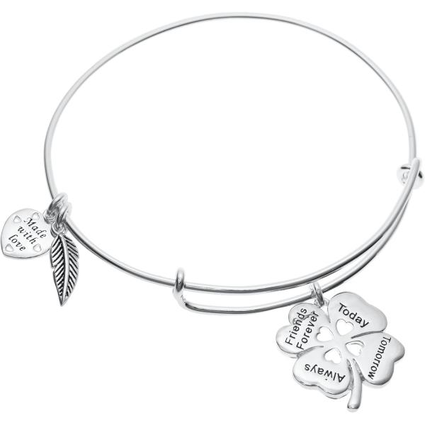 商品名スターリングシルバー4葉のクローバーバングルブレスレット 調整可能 ハート 「Friends Forever Today Tomorrow Always」友人永遠今日明日いつもQina C Sterling Silver 4 Leaf...