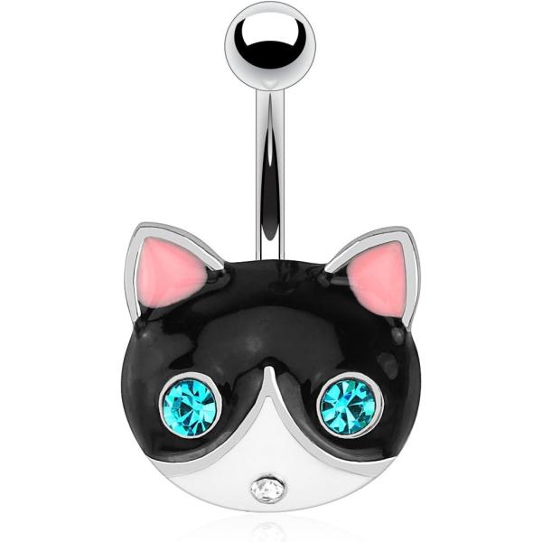 商品名Dynamique 黒猫の顔 エメラルドの目 316L サージカルスチール ベリーボタンリングDynamique Black Cat Face with Emerald Gemmed Eyes 316L Surgical Steel ...