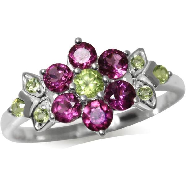 商品名天然ロードライトガーネット&amp;ペリドット925スターリングシルバーフラワー&amp;リーフリングSilvershake Natural Rhodolite Garnet and Peridot 925 Sterling Silv...