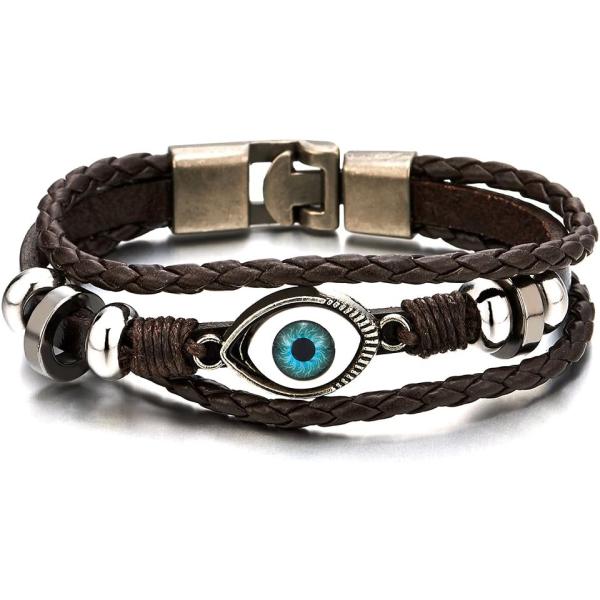 商品名メンズ レディース 3列 レザー 黒 邪視のビーズ チャーム ブレスレット リストバンド ラップブレスレットCOOLSTEELANDBEYOND Three-Row Mens Women Tribal Evil Eye Beads C...