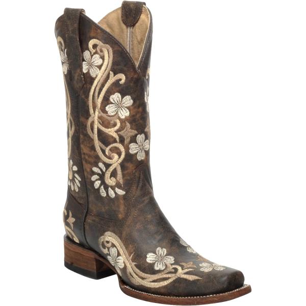 商品名CORRAL レディース カラー: ブラウンCorral Women's 10-inch Shedron/Beige Floral Embroidery Square Toe Cowhide Leather Boots - 9 Bブラ...