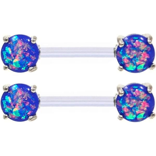 商品名スパークリング合成ブルーグリッター ファイアオパール プロングセットエンド ニップル フレキシブル バイオプラスチックバーリング 14g, ステンレススチール、合成、オパール、金属。Pair of Sparkling Syntheti...