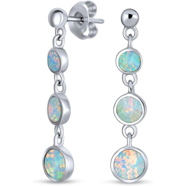 商品名幾何学的な宝石用原石3ベゼルラウンドディスク線形ホワイトサークルオパールダングルピアス女性の十代のための.925スターリングシルバーGeometric Gemstone 3 Bezel Round Disc Linear White ...