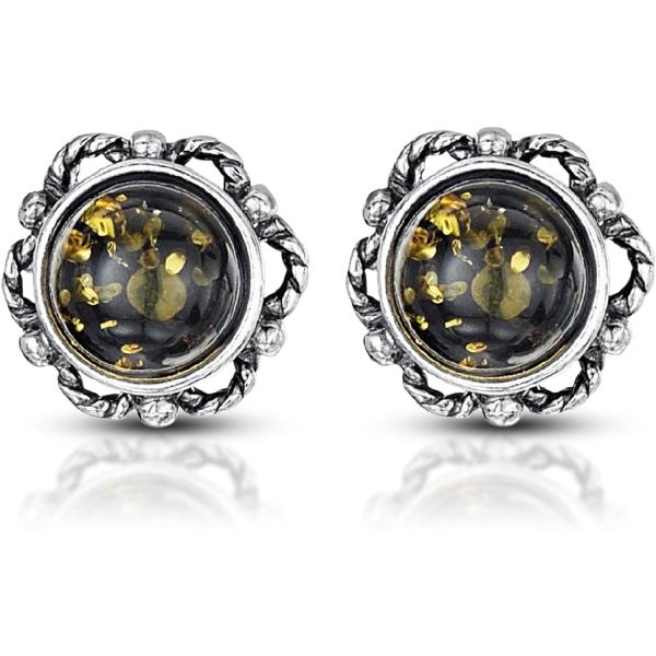 商品名Amberta 925 Sterling Silver with Genuine Baltic Amber - Earrings for Women - Bloom Button Ball - Studs with Green Sto...