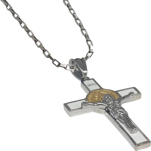 商品名一意聖ベネディクト十字架   2トーンゴールドとシルバーカラーステンレスStベネディクトクロスネックレスSt. Benedict Crucifix Necklace, Two Tone Gold and Silver Color, S...