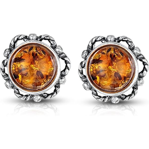 商品名Amberta 925 Sterling Silver with Genuine Baltic Amber - Earrings for Women - Bloom Button Ball - Studs with Honey Sto...