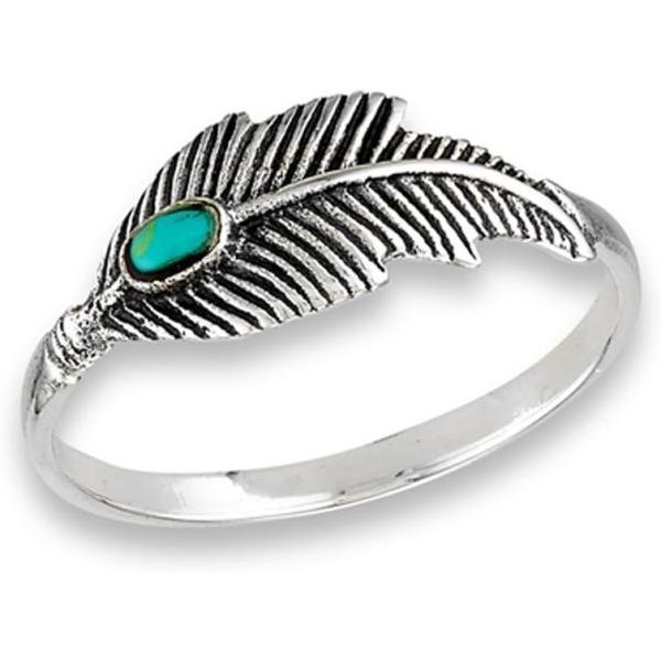 商品名シミュレートターコイズいぶし仕上げフェザーリング。925スターリングシルバーツリーリーフバンドサイズ6   10Simulated Turquoise Oxidized Feather Ring .925 Sterling Silve...