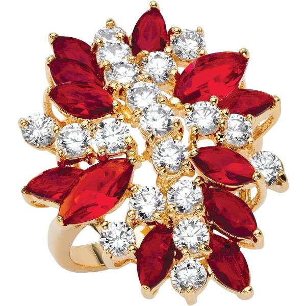 商品名marquise-cut Simulatedレッドルビーとキュービックジルコニア18 K金メッキフラワーリングPalmBeach Yellow Gold-plated Marquise Cut Simulated Red Ruby R...