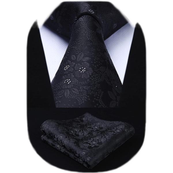 商品名HISDERN Men's Tie Sets Classic Black Ties Pocket Square Extra Long Paisley Floral Neckties Handkerchief for Wedding B...