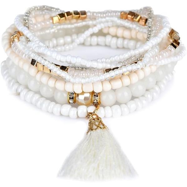 商品名LUREME ボヘミアンビーズ パールタッセル マルチストランド テクスチャード加工 スタッカブル バングルブレスレットセット(bl003054), 石材LUREME Bohemian Beads Pearl Tassel Multi...