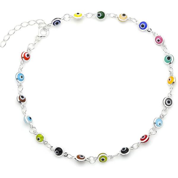 商品名マルチカラーGuardian Eye Talismanビーズアンクレットブレスレットon 925スターリングシルバー調節可能な8.5 ""   9.5 ""D Jewelry Multi-Color Guardian Eye Tali...
