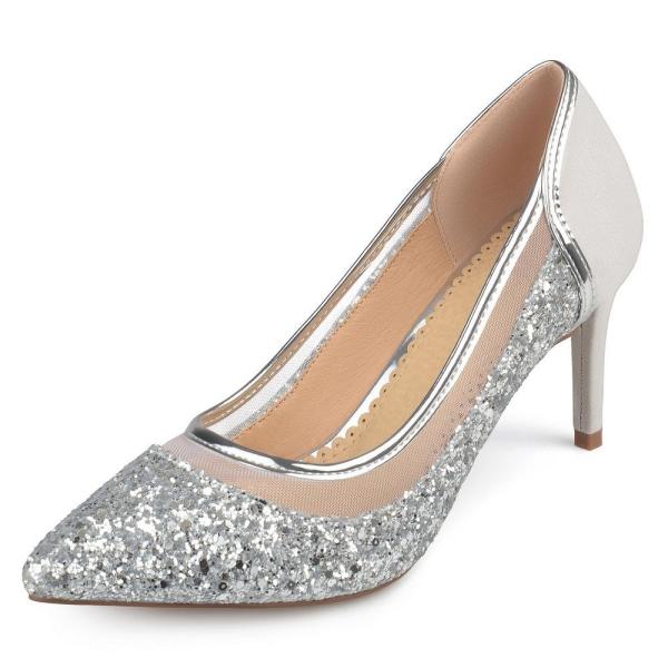 商品名: Brinley Co. レディース Kori フェイクスエード メッシュ グリッター アーモンドトゥ ヒール, シルバー, 6.5 Brinley Co. Womens Kori Faux Suede Mesh Glitter A...