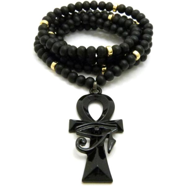 商品名ファッション 21 エジプトのホルスの目 アンク ペンダント 6mm 30インチ 木製ビーズチェーンネックレス ジェットブラックトーンFashion 21 Egyptian Eye of Heru on Ankh Pendant 6m...