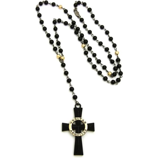 商品名NYFASHION101 ベリタス Aequitas クロスペンダント 6mm 30インチ ブラックとカラーストーンビーズ ロザリオネックレスNYFASHION101 Veritas Aequitas Cross Pendant wi...