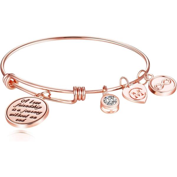 商品名""A true friendship is a journey without an end"" レディース チャーム バングル ブレスレット ジュエリー ギフト, 18K ローズゴールドプレート、低刺激性、ニッケルフリーの真鍮。,...